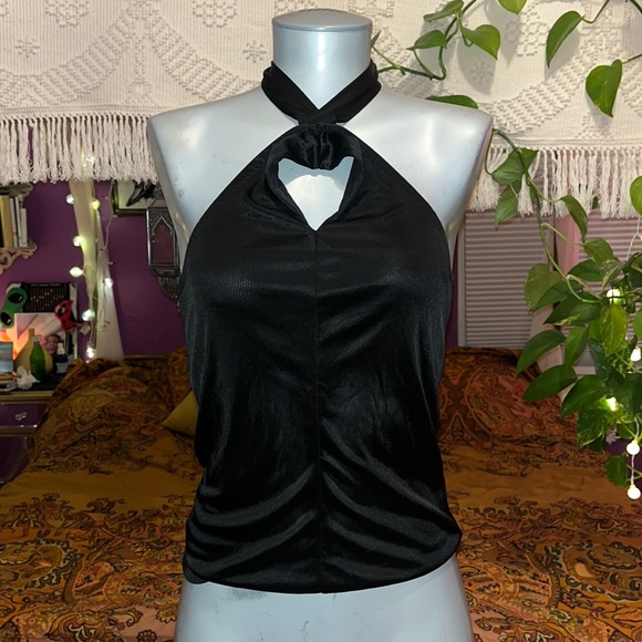 Vintage | Tops | Vintage 9s Goth Boho Black Silky Satin Keyhole Fringe ...